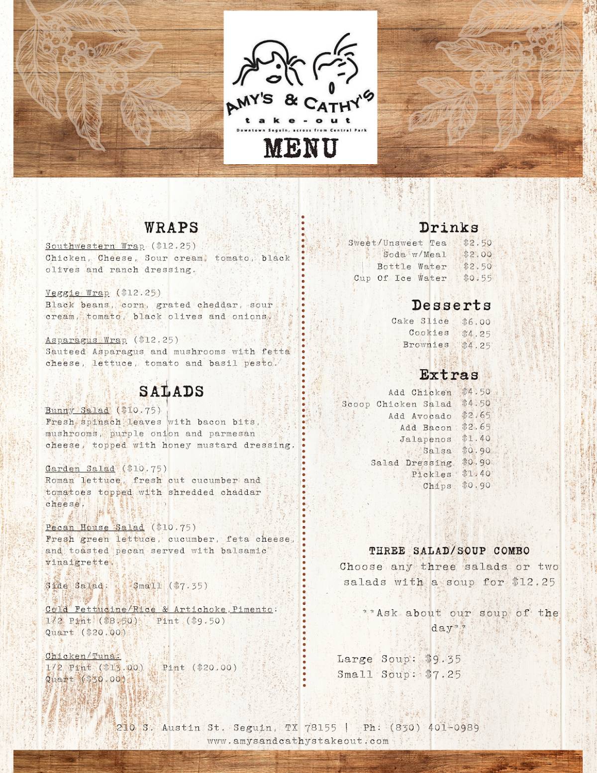 Menu at Amy's & Cathy's Takeout restaurant, Seguin
