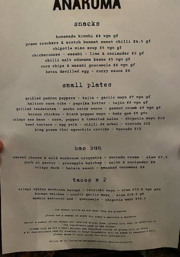 Menu at Anakuma restaurant, Brighton