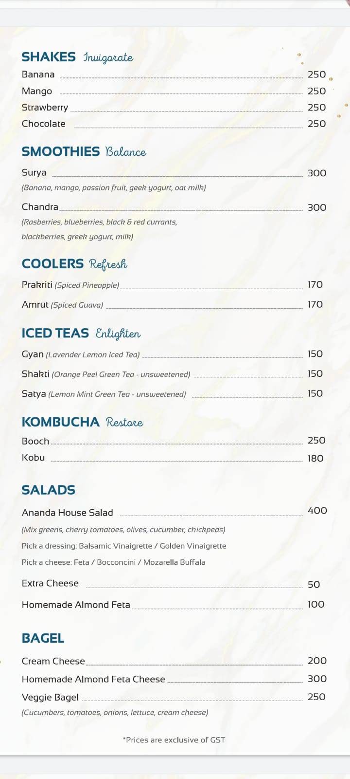 Menu at Ananda Cafe, Mumbai