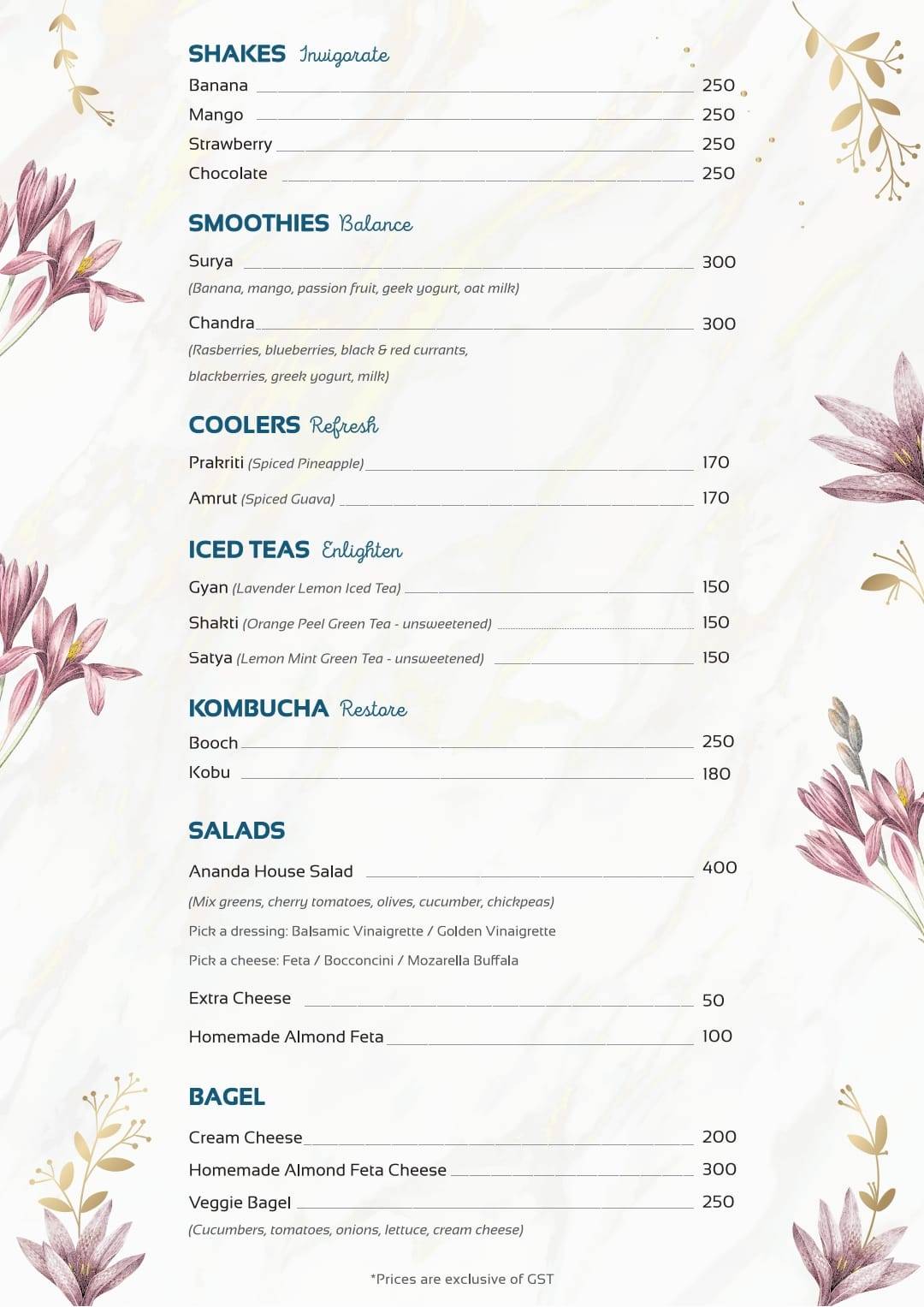 Menu at Ananda Cafe, Mumbai