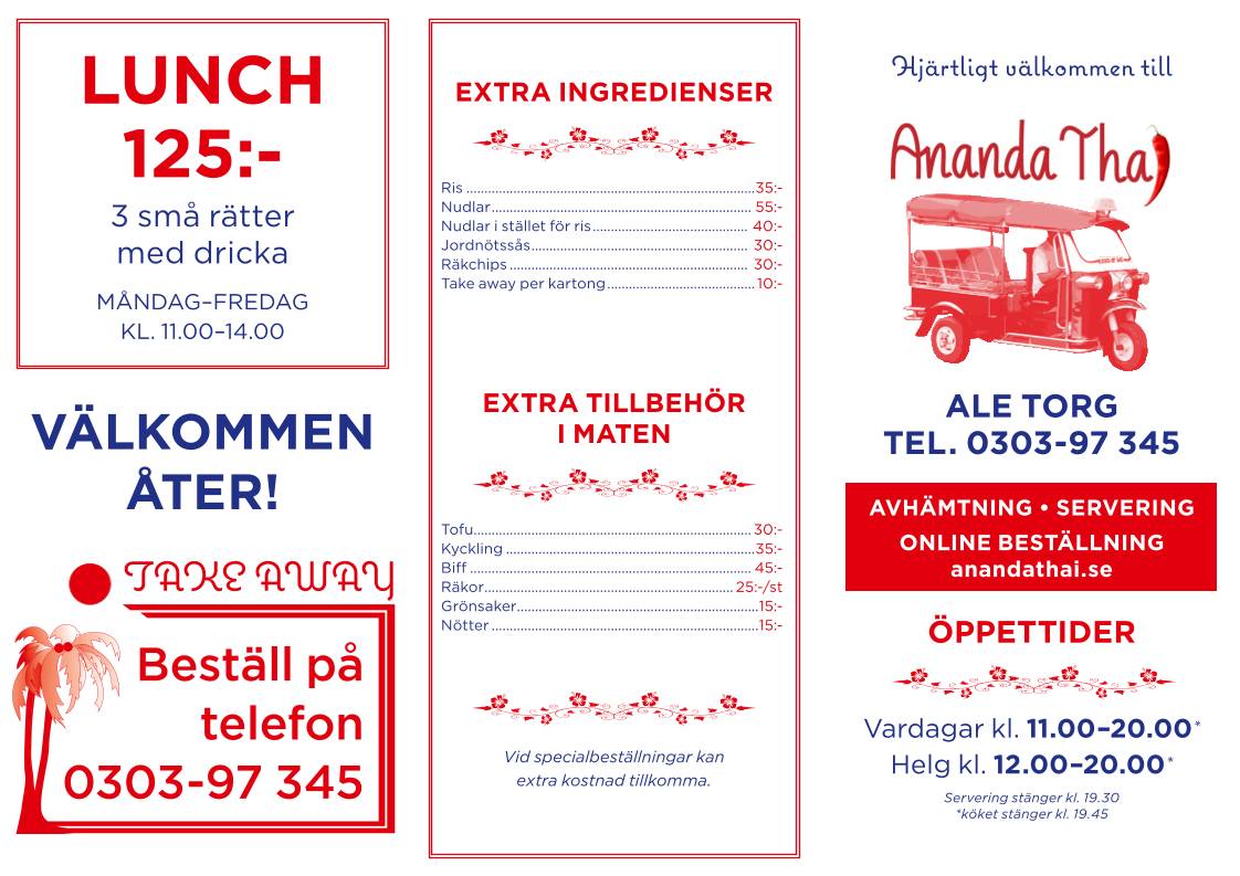 Menu at Ananda Thai restaurant, Nödinge-Nol