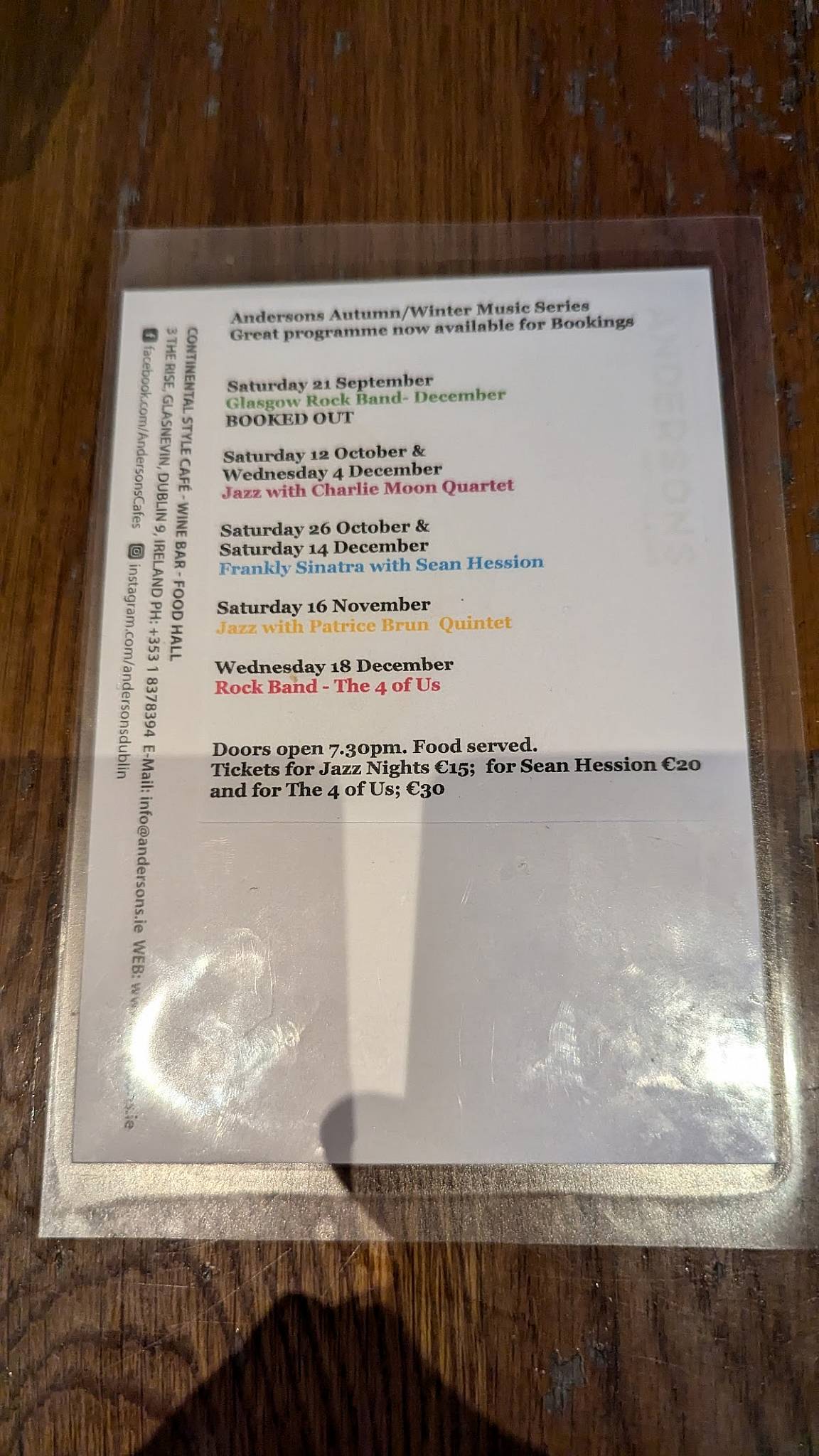 Menu at Andersons Food Hall & Cafe, Dublin, 3 The Rise