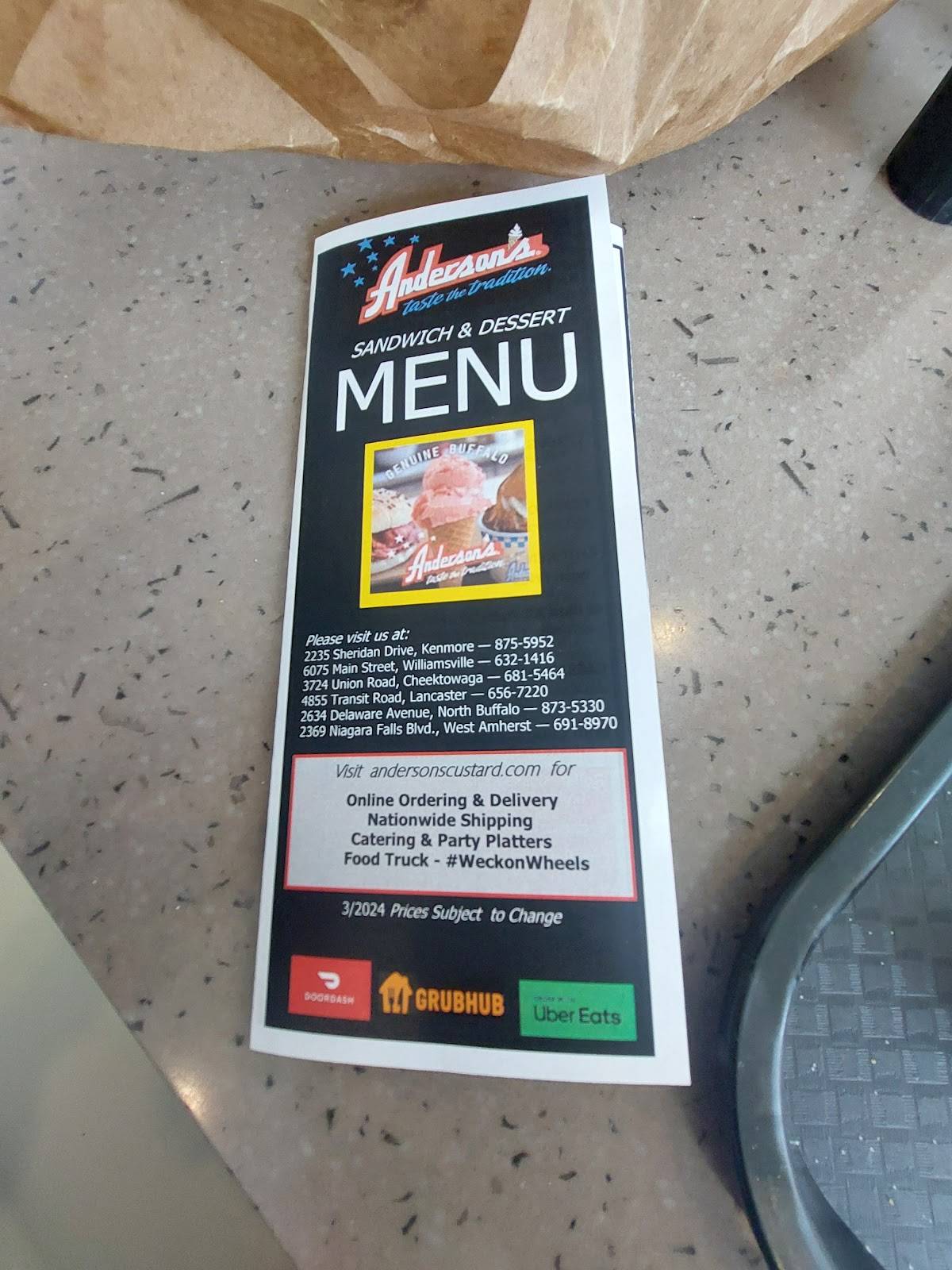 Menu at Anderson's Frozen Custard desserts, Buffalo, Delaware Ave
