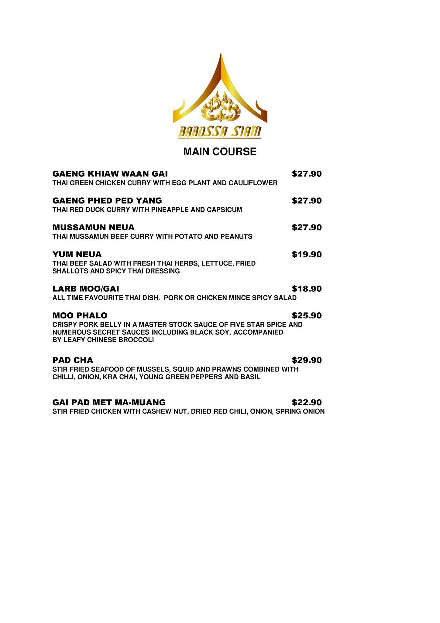 Menu at Barossa Siam, Angaston