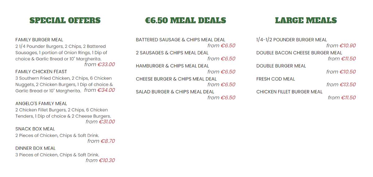 Menu at Angelo's TakeAway restaurant, Kells