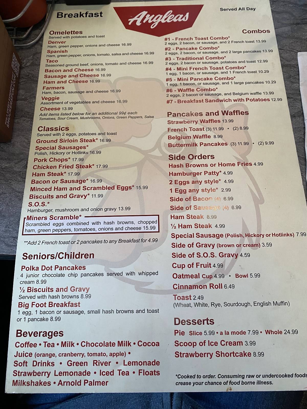 Menu at Anglea's Restaurant, Tacoma