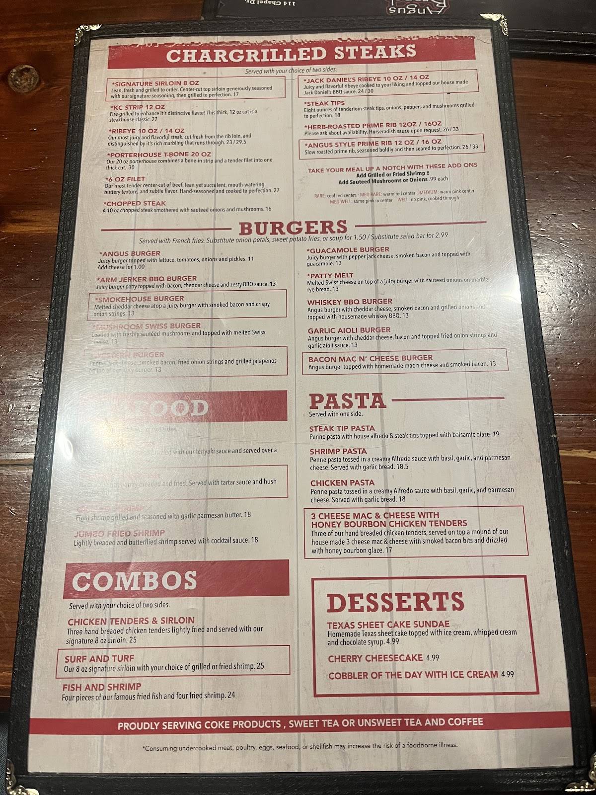 Menu at Angus Branch Steakhouse, Monett