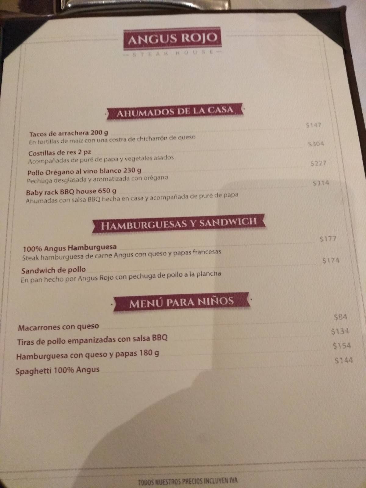 Carta de parrilla Angus Rojo, Ciudad Juarez