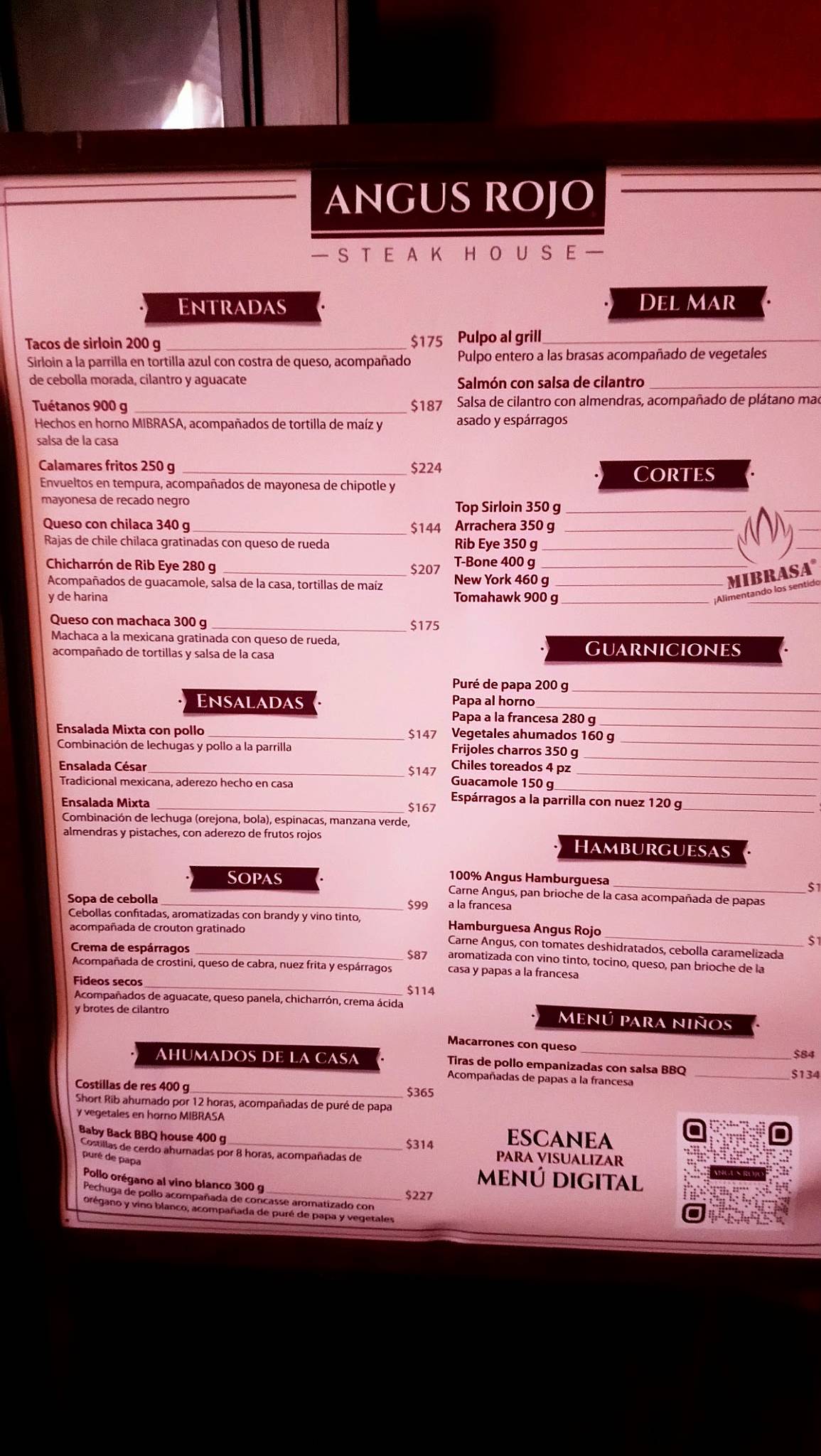 Carta de parrilla Angus Rojo, Ciudad Juarez