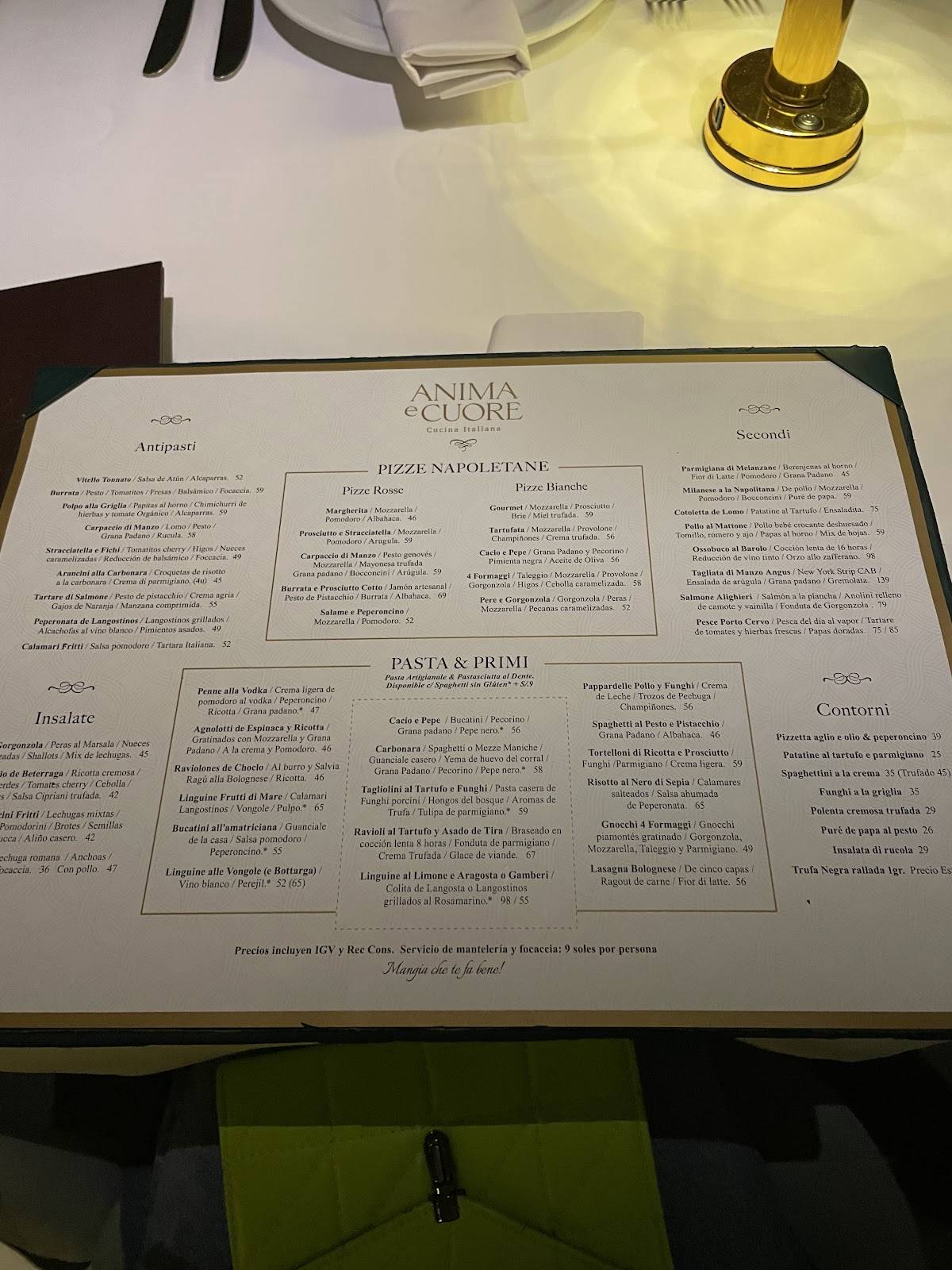 Carta del restaurante Anima e Cuore, Lima