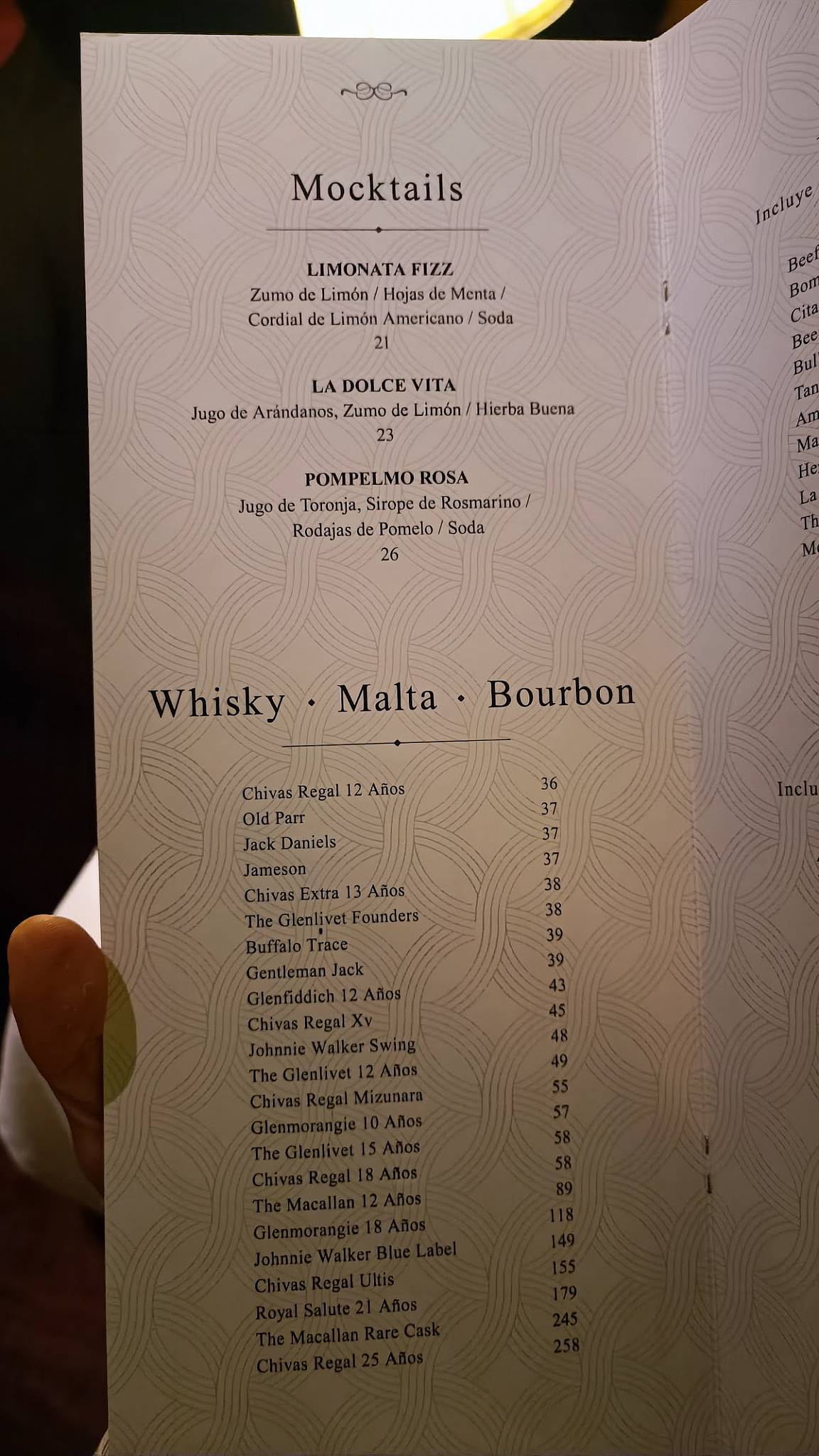 Carta del restaurante Anima e Cuore, Lima