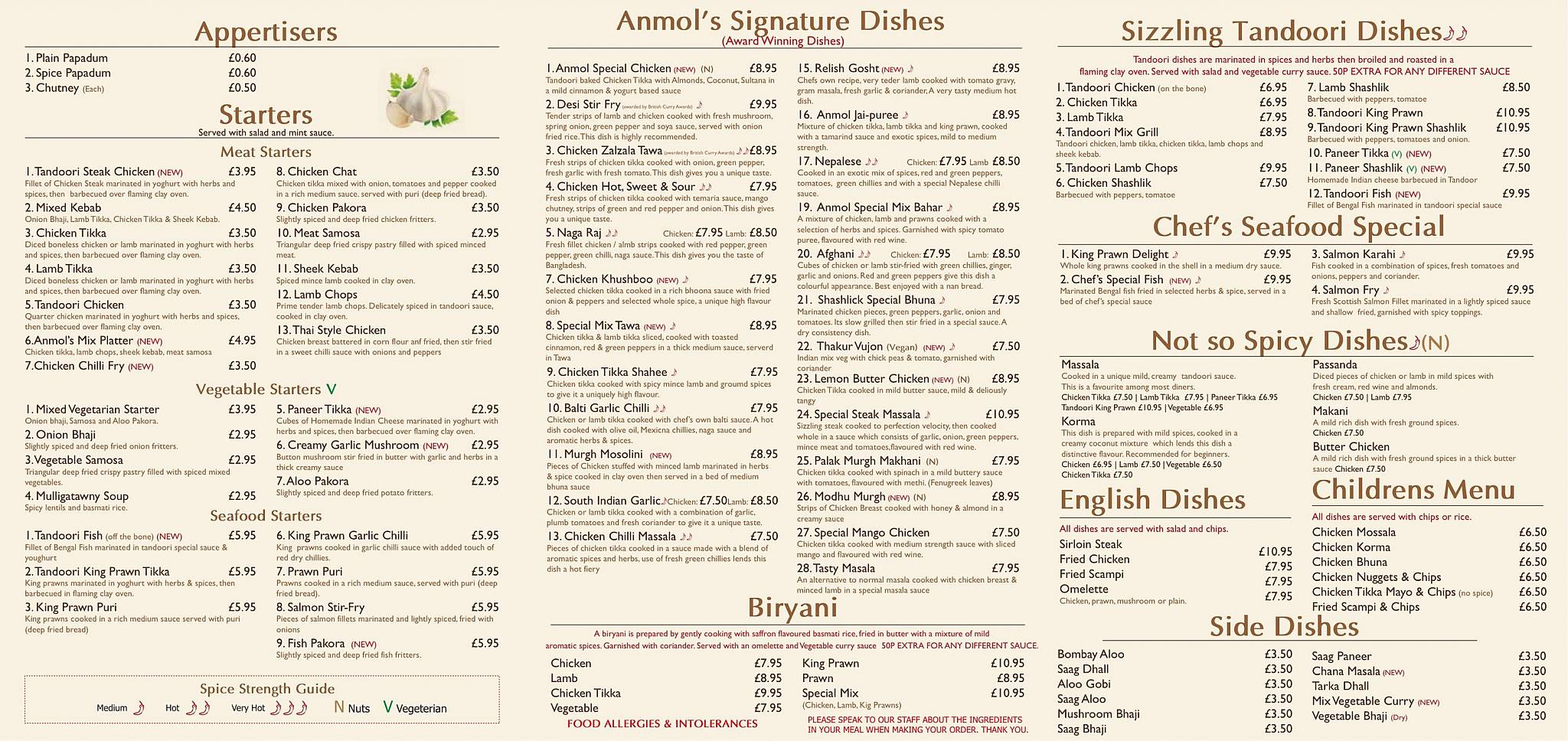 Menu at Anmol Indian Restaurant, Warrington, 62 Warrington Rd