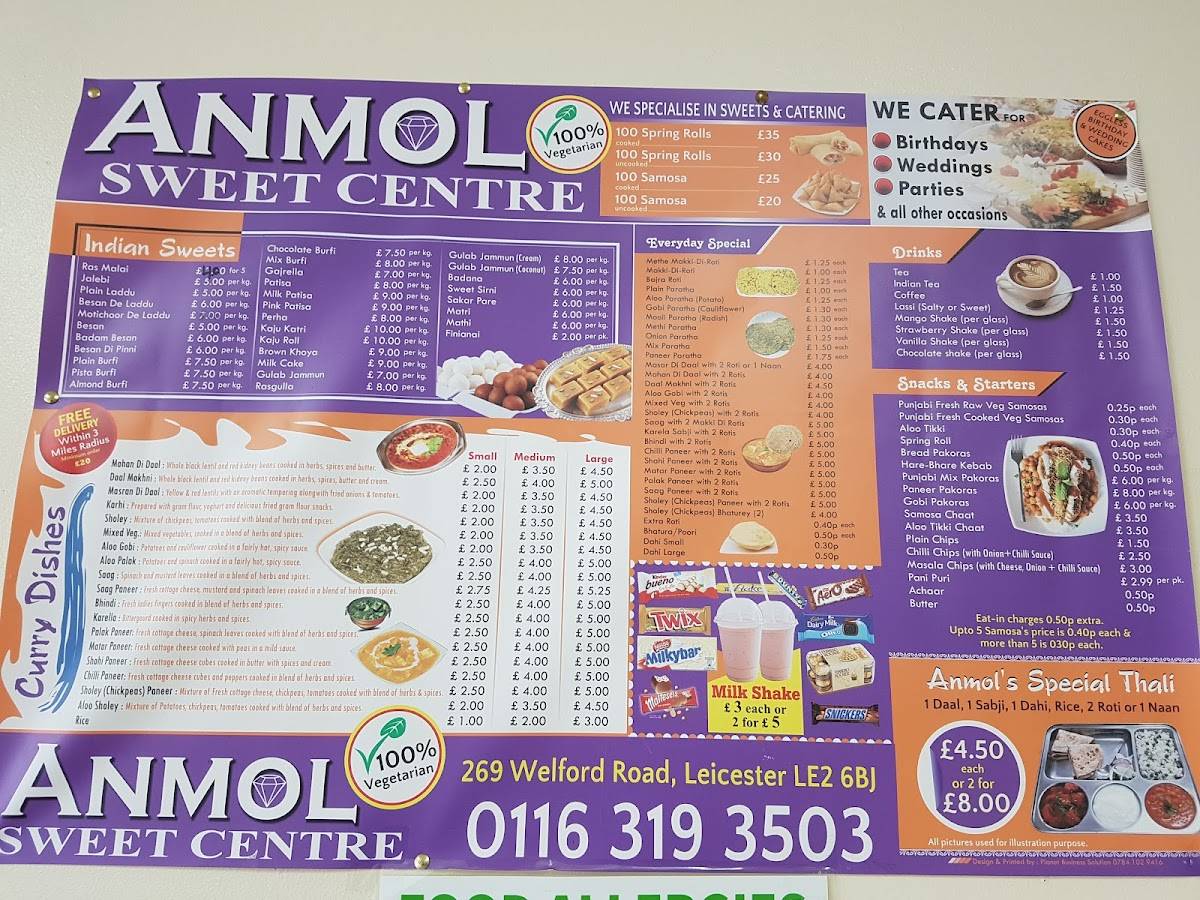 Menu at Anmol Sweet Centre restaurant, Leicester