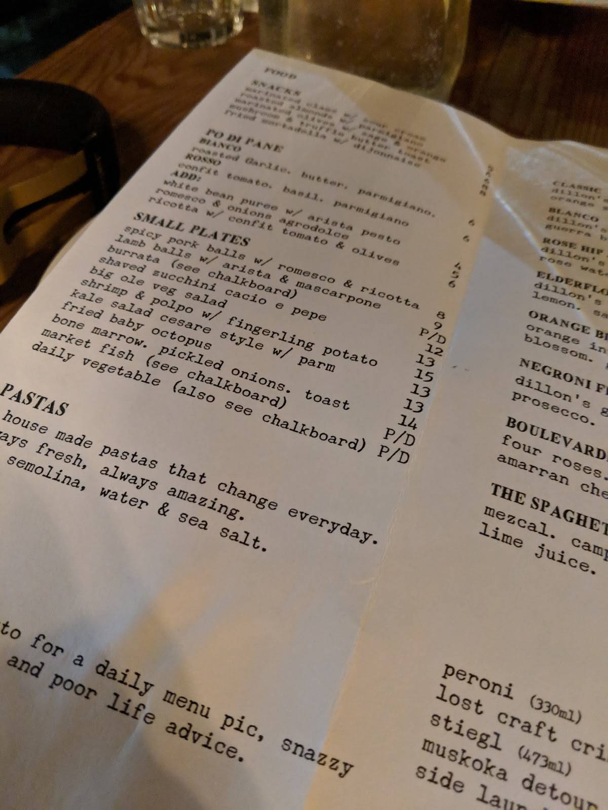 Menu at Annabelle Pasta Bar, Toronto