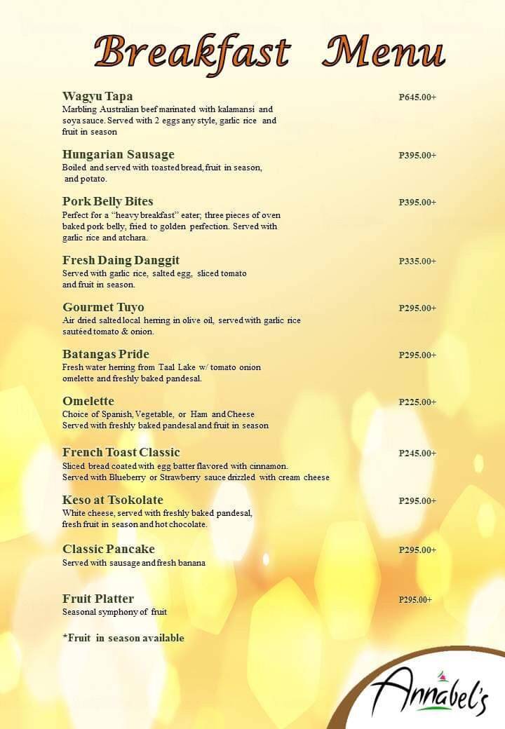 Menu at Annabel's restaurant, Quezon City, 194 Tomas Morato Avenue