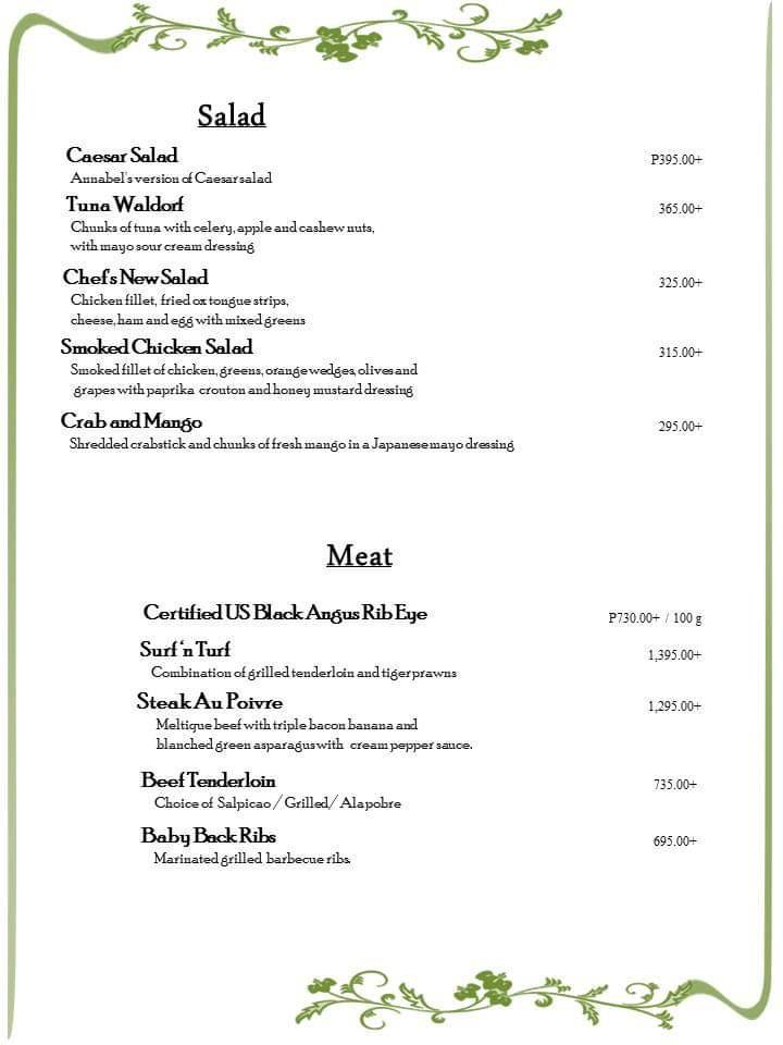 Menu at Annabel's restaurant, Quezon City, 194 Tomas Morato Avenue