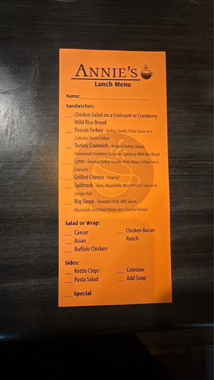Menu at Annie's Coffeehouse cafe, Garretson