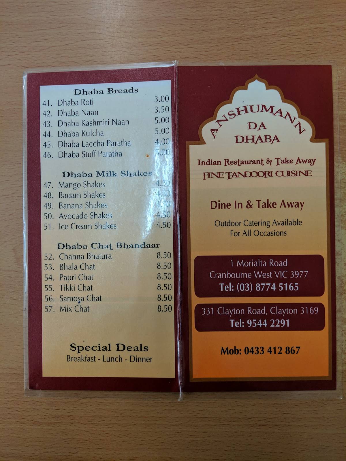 Menu at Anshuman Da Dhaba restaurant, Cranbourne West
