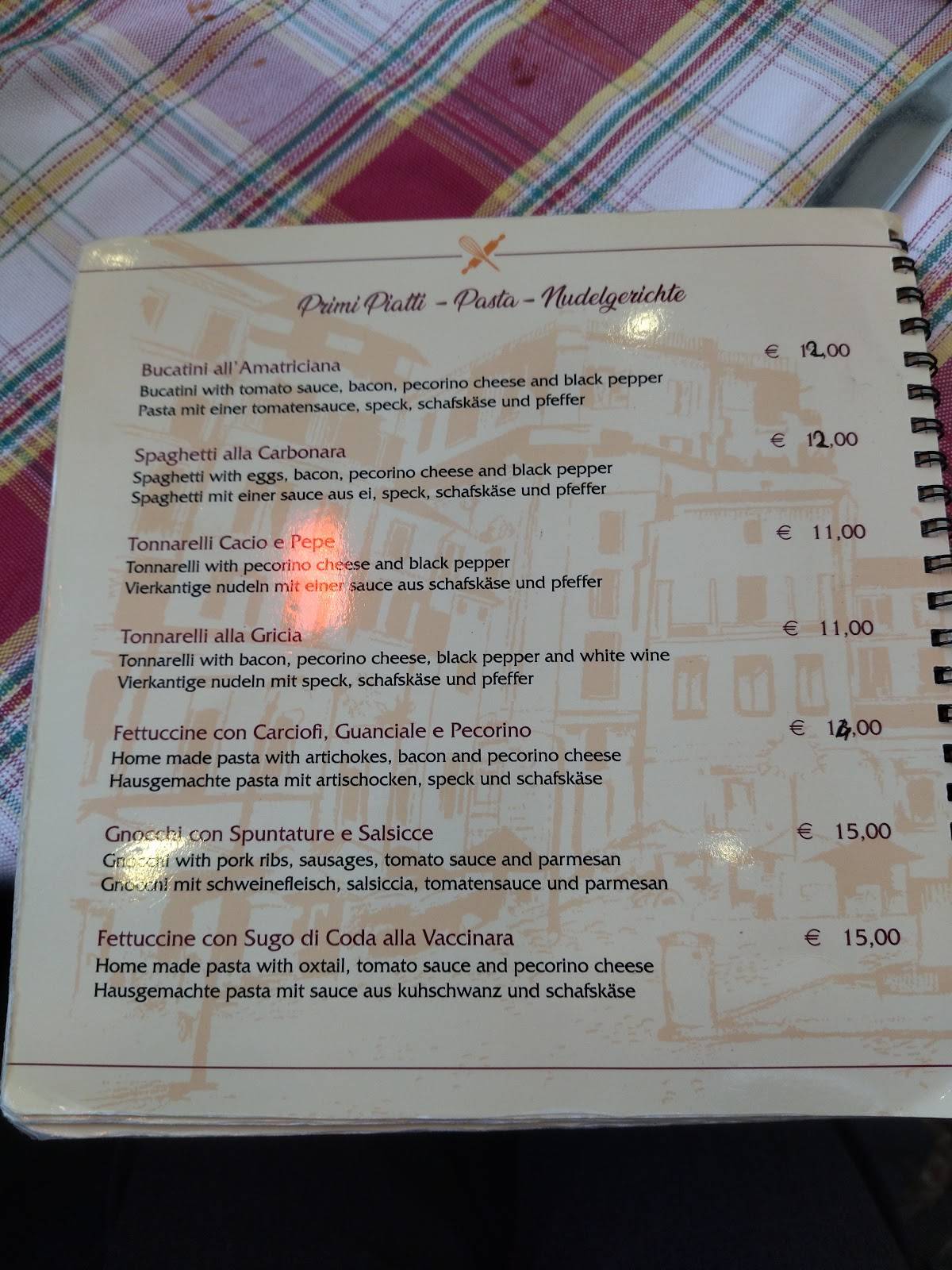 Menu at Antica Hostaria Romanesca restaurant, Rome