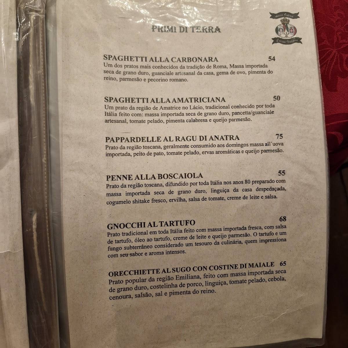 Menu at Antica Osteria restaurant, Sete Lagoas