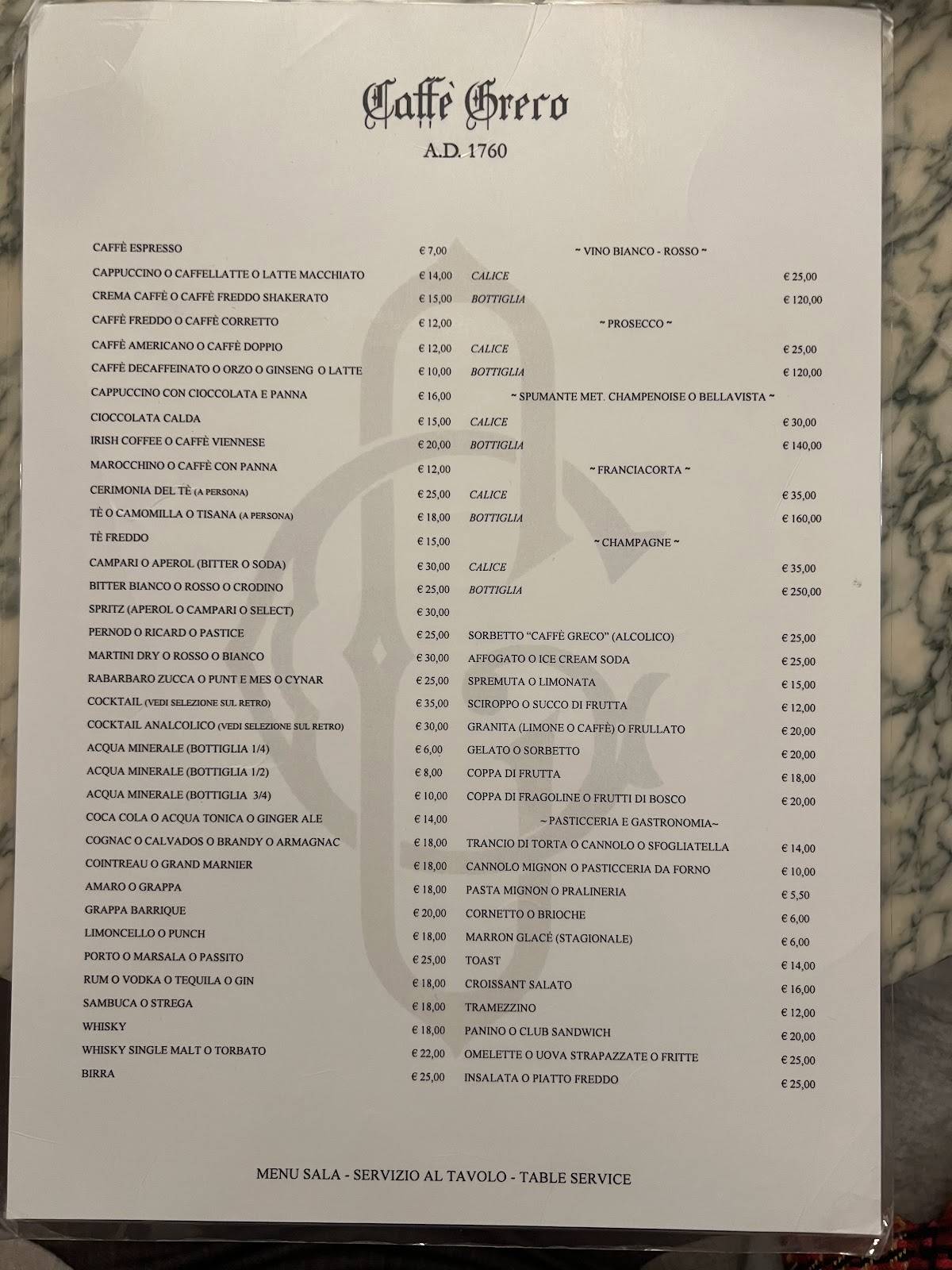 Menu at Antico Caffè Greco cafe, Rome, Via dei Condotti