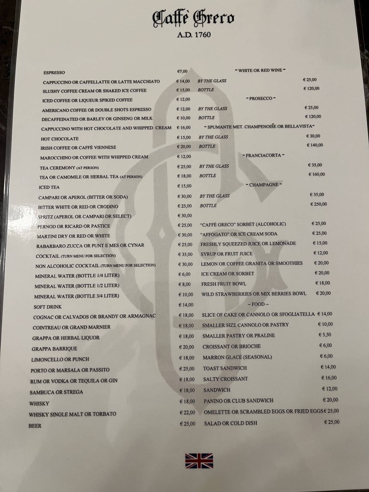Menu at Antico Caffè Greco cafe, Rome, Via dei Condotti