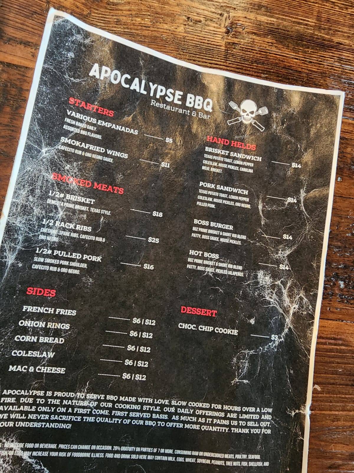 Menu at Apocalypse BBQ, Miami, SW 104th St