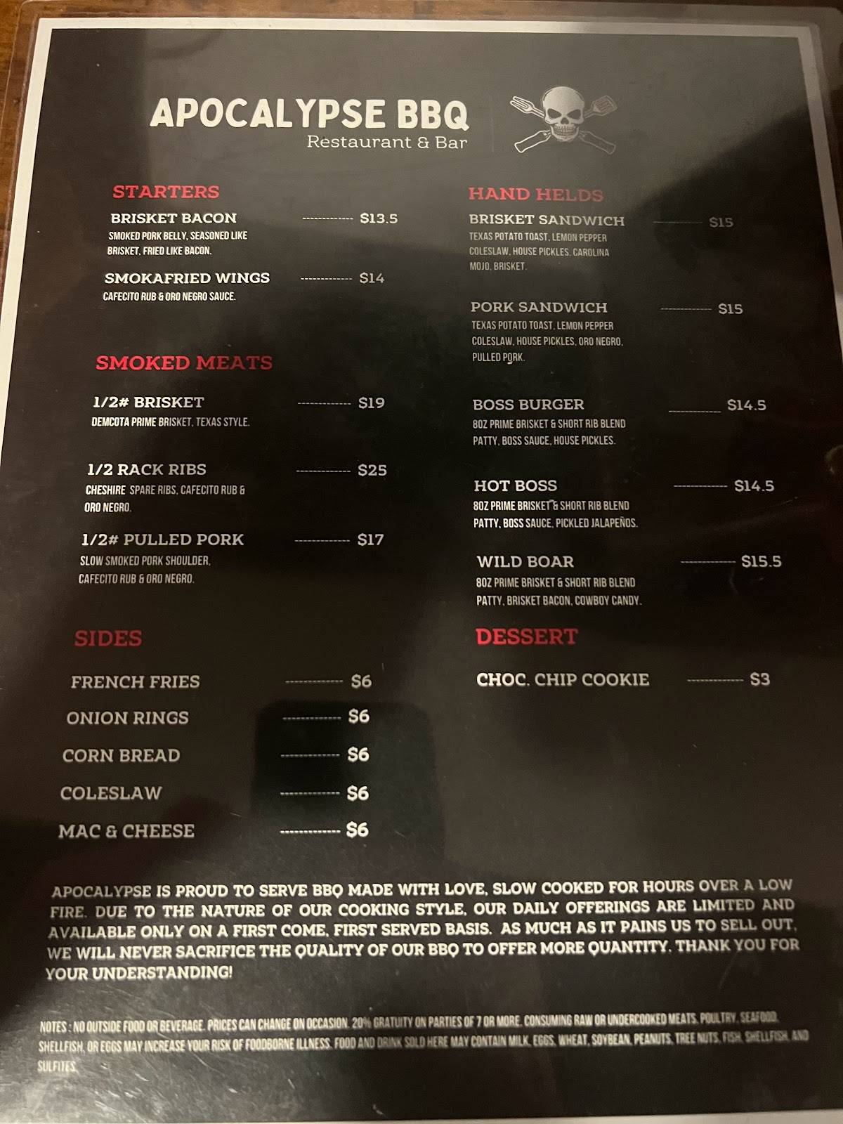 Menu at Apocalypse BBQ, Miami, SW 104th St