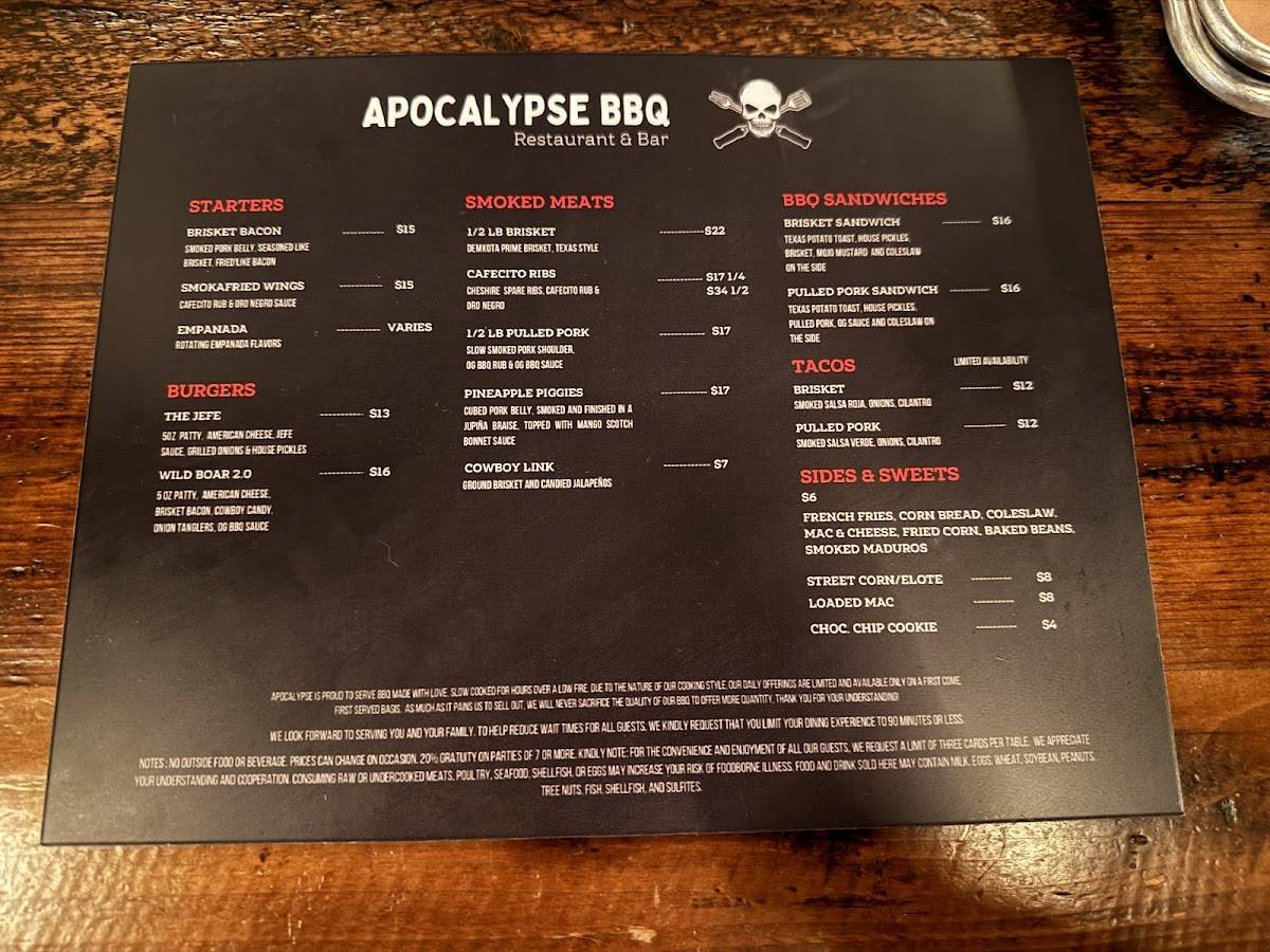 Menu at Apocalypse BBQ, Miami, SW 104th St