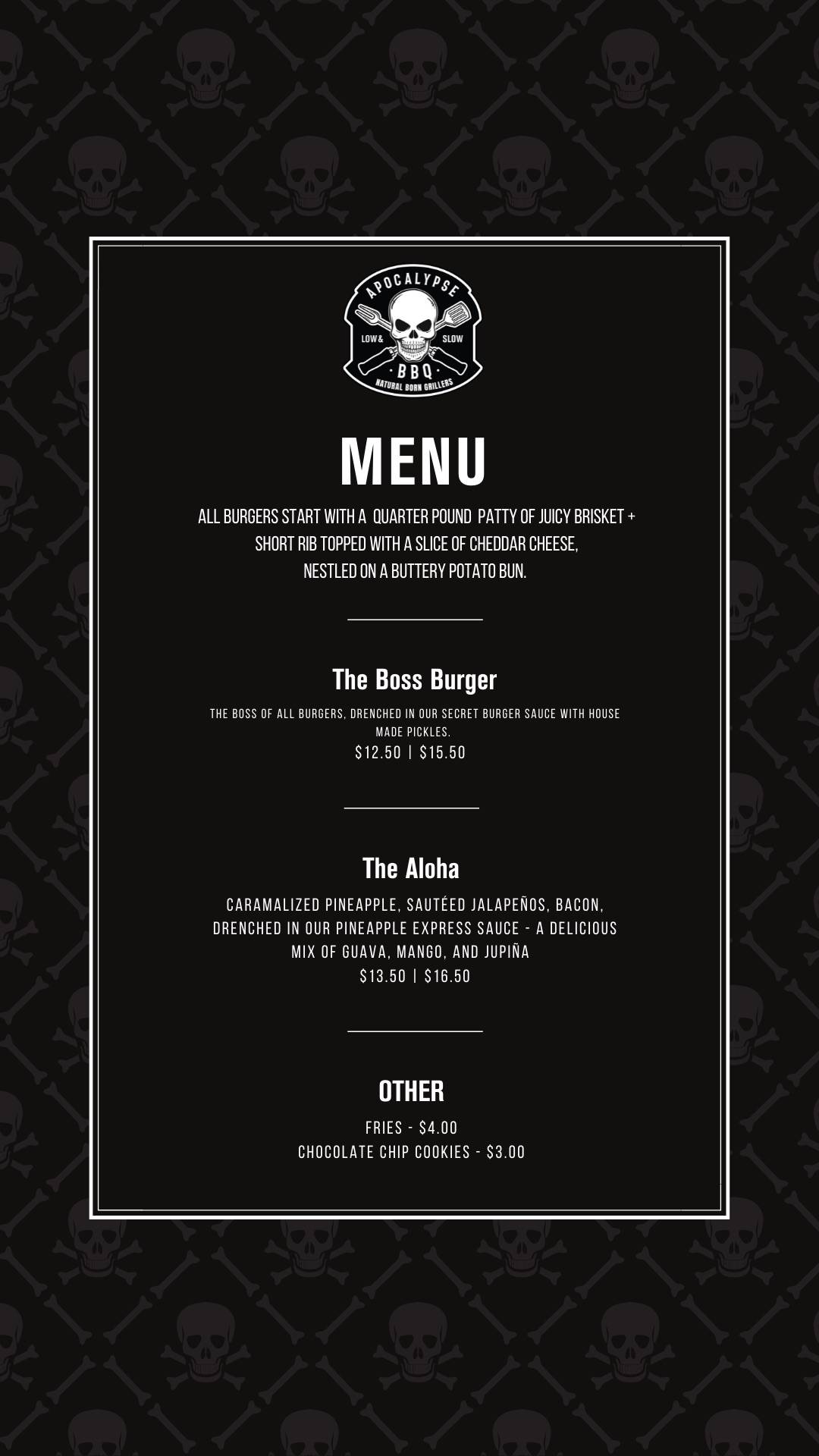 Menu at Apocalypse BBQ, Miami, SW 104th St