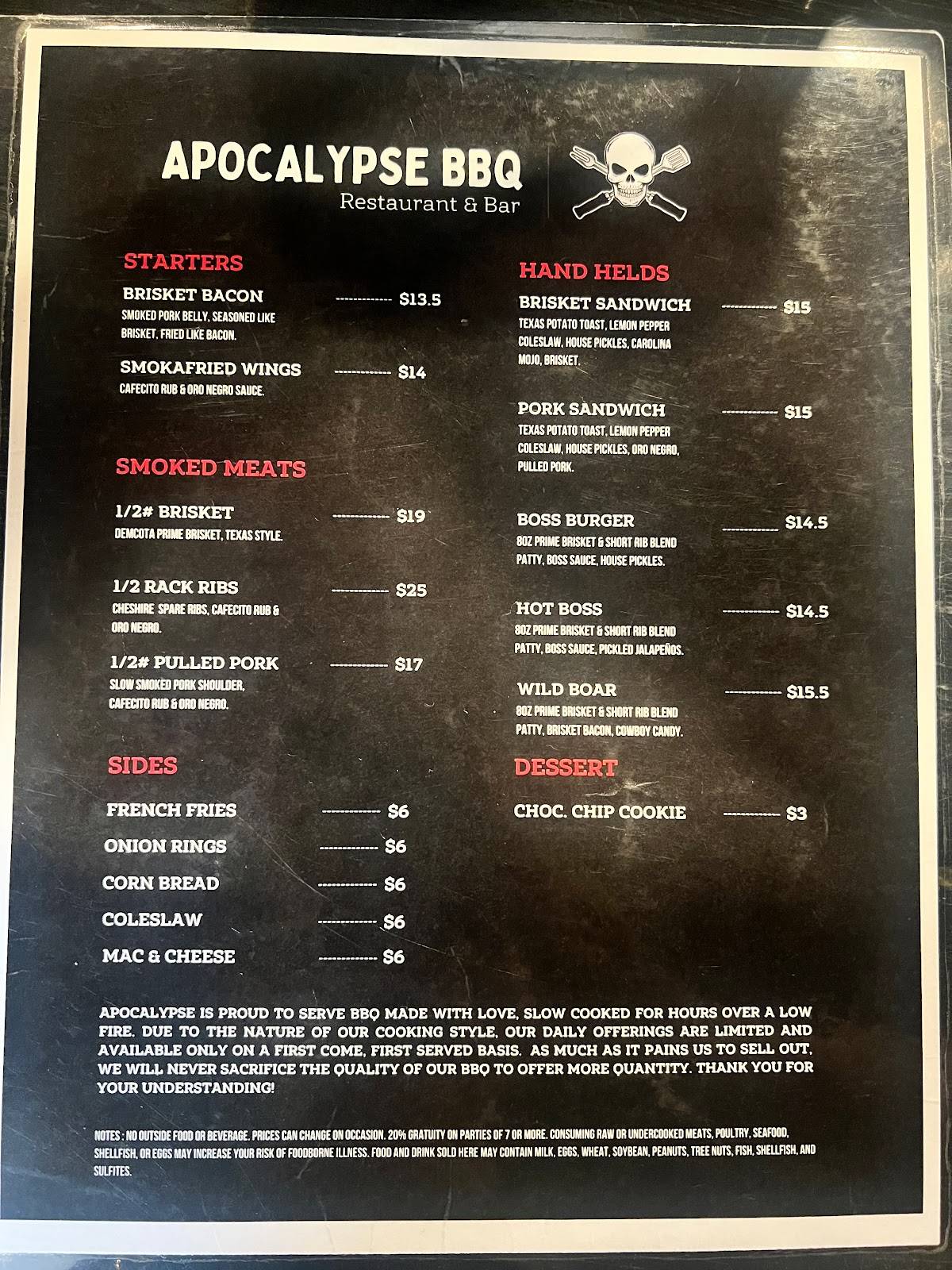 Menu at Apocalypse BBQ, Miami, SW 104th St