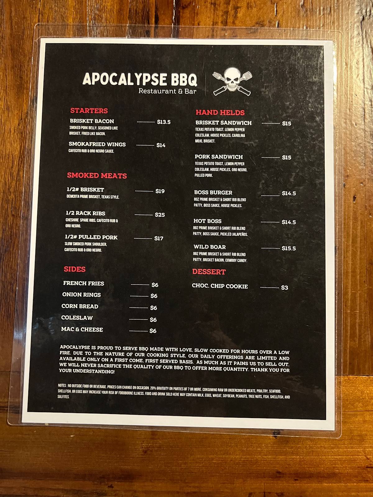 Menu at Apocalypse BBQ, Miami, SW 104th St