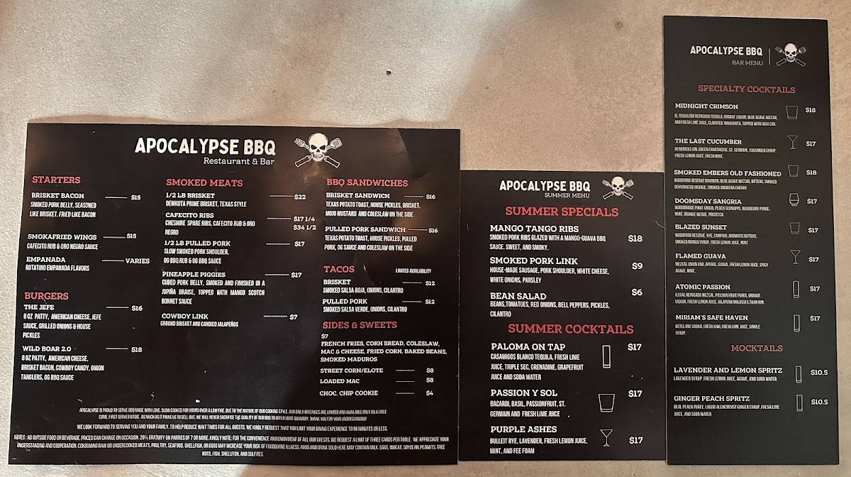 Menu at Apocalypse BBQ, Miami, SW 124th Ave.