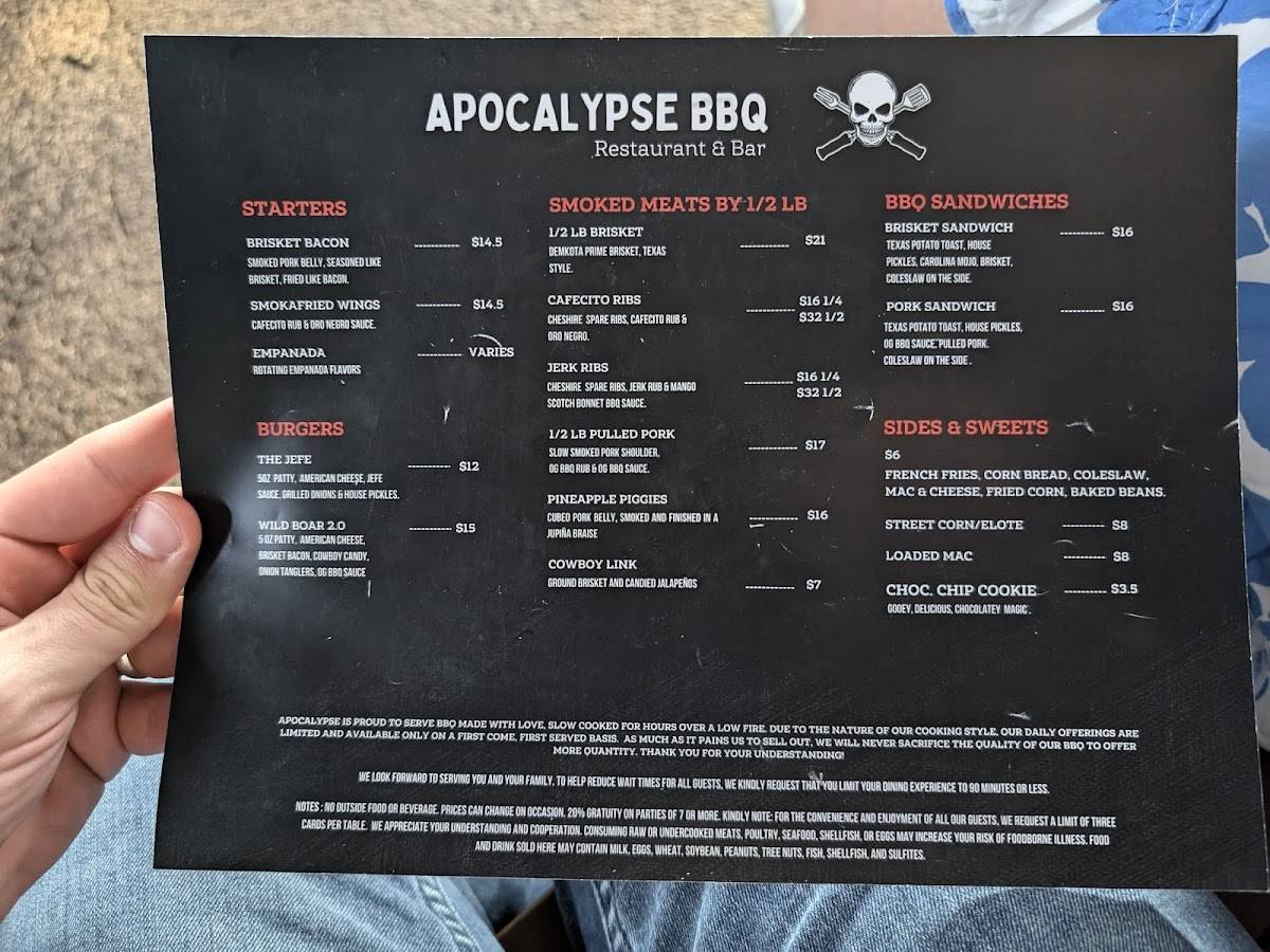 Menu at Apocalypse BBQ, Miami, SW 104th St