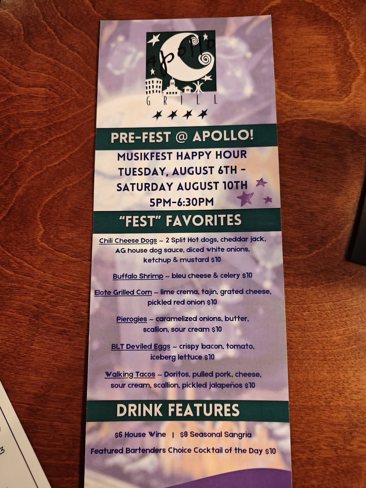 Menu at Apollo Grill pub & bar, Bethlehem
