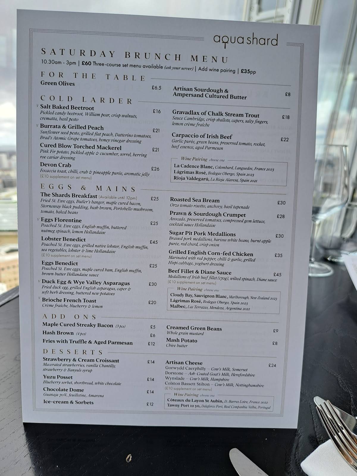 Menu at Aqua Shard pub & bar, London, Level 31