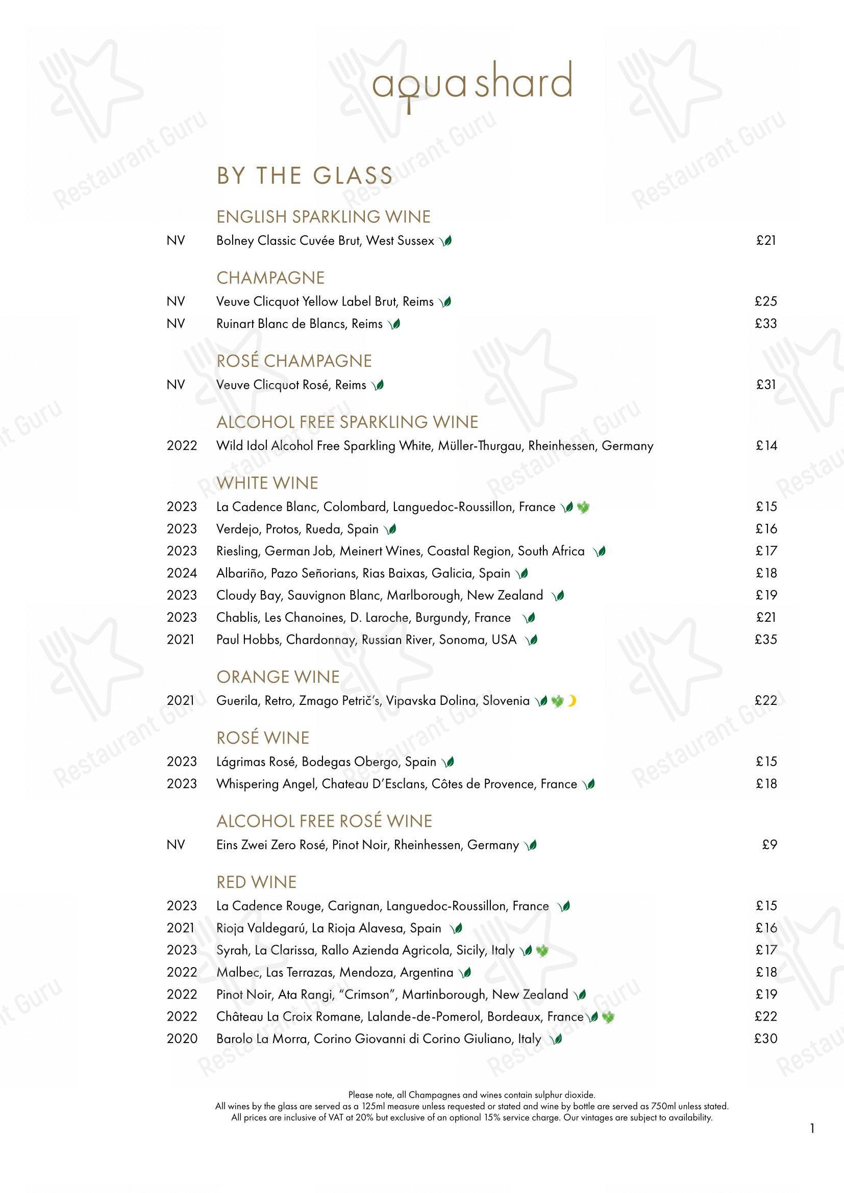Menu at Aqua Shard pub & bar, London, Level 31