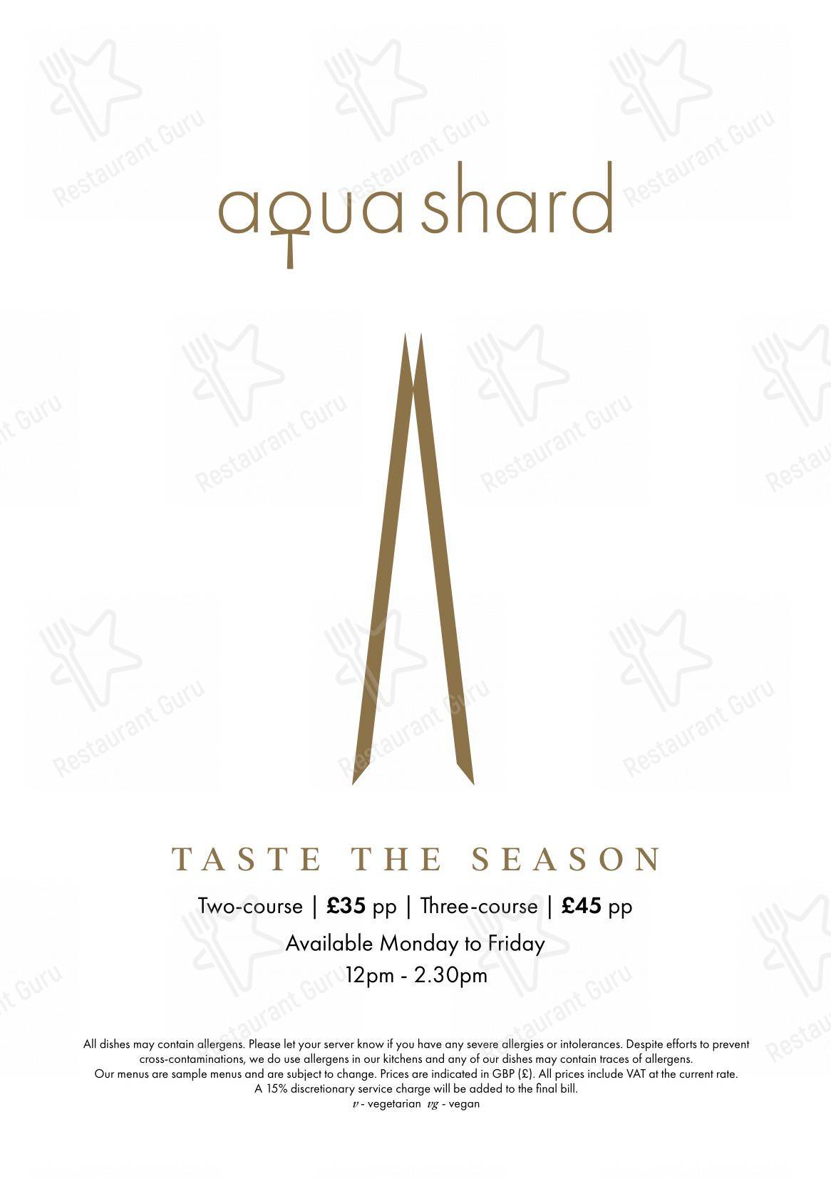 Menu at Aqua Shard pub & bar, London, Level 31