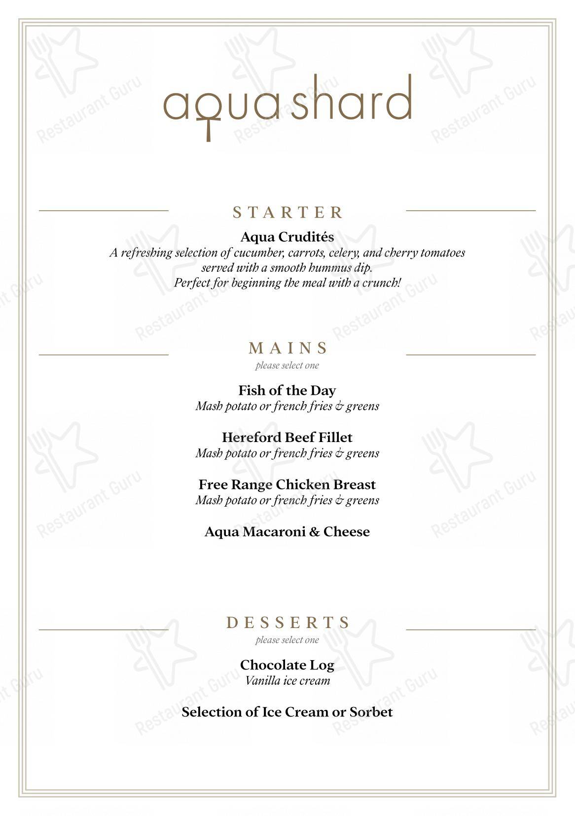 Menu at Aqua Shard pub & bar, London, Level 31