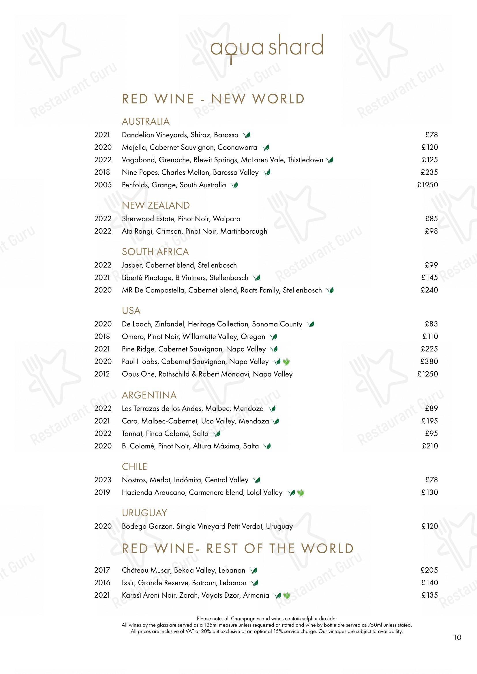 Menu at Aqua Shard pub & bar, London, Level 31