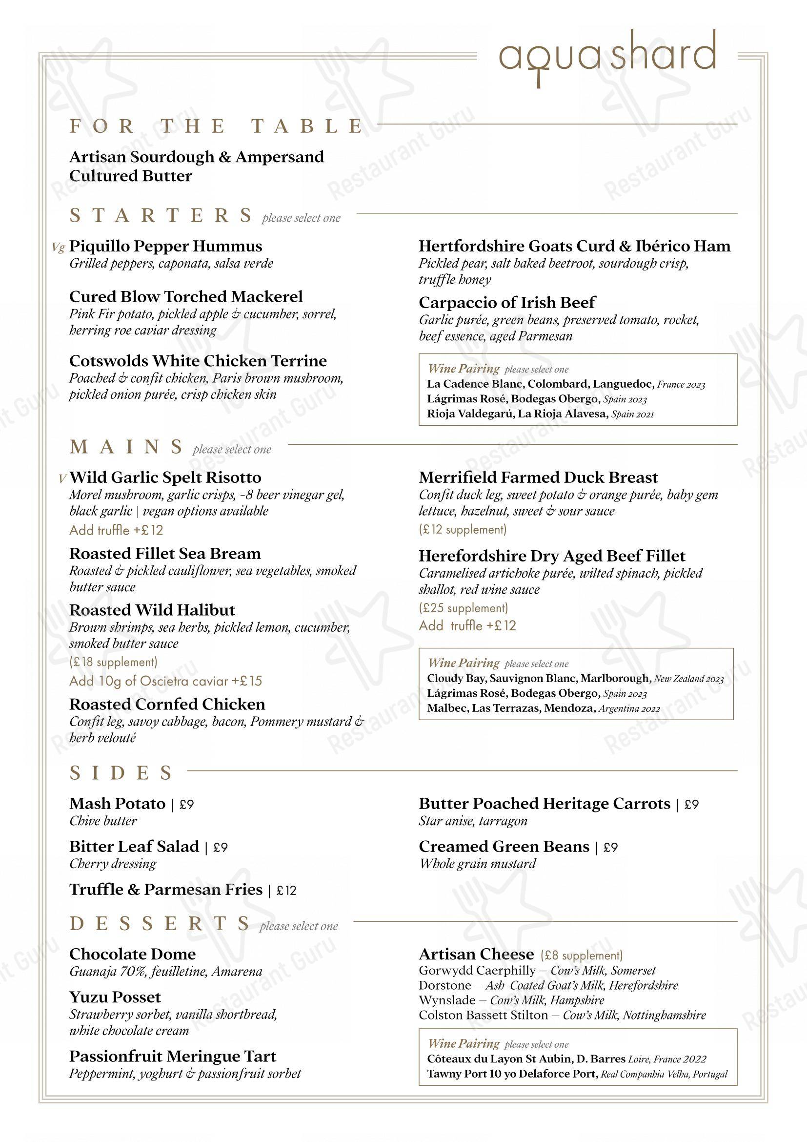 Menu at Aqua Shard pub & bar, London, Level 31