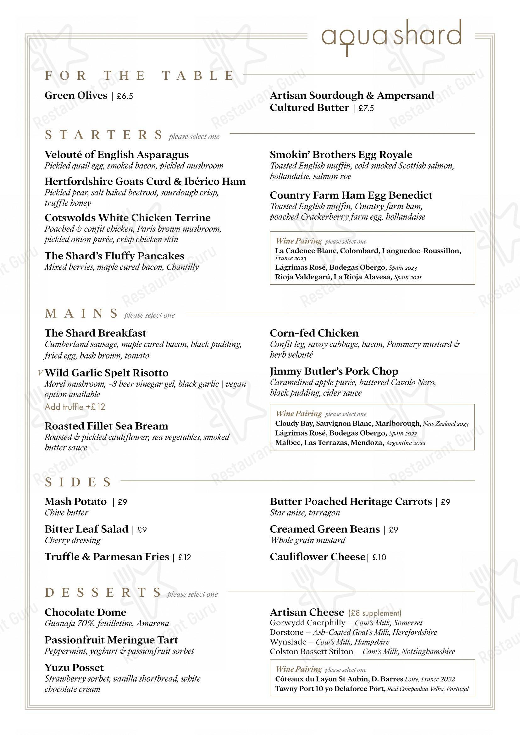 Menu at Aqua Shard pub & bar, London, Level 31