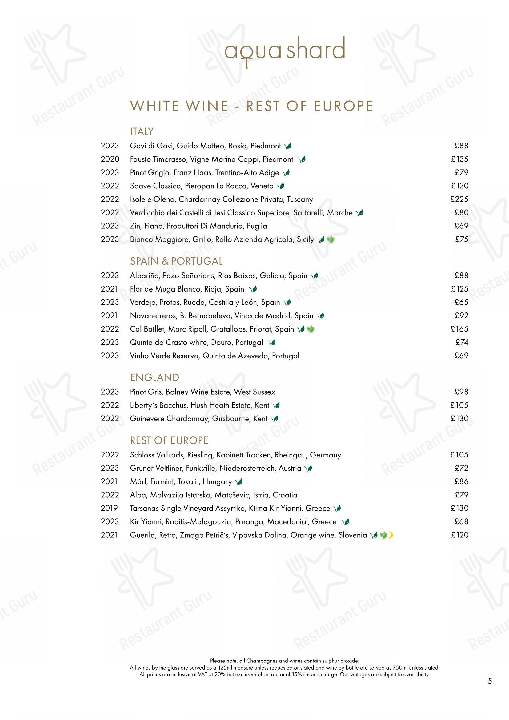 Menu at Aqua Shard pub & bar, London, Level 31