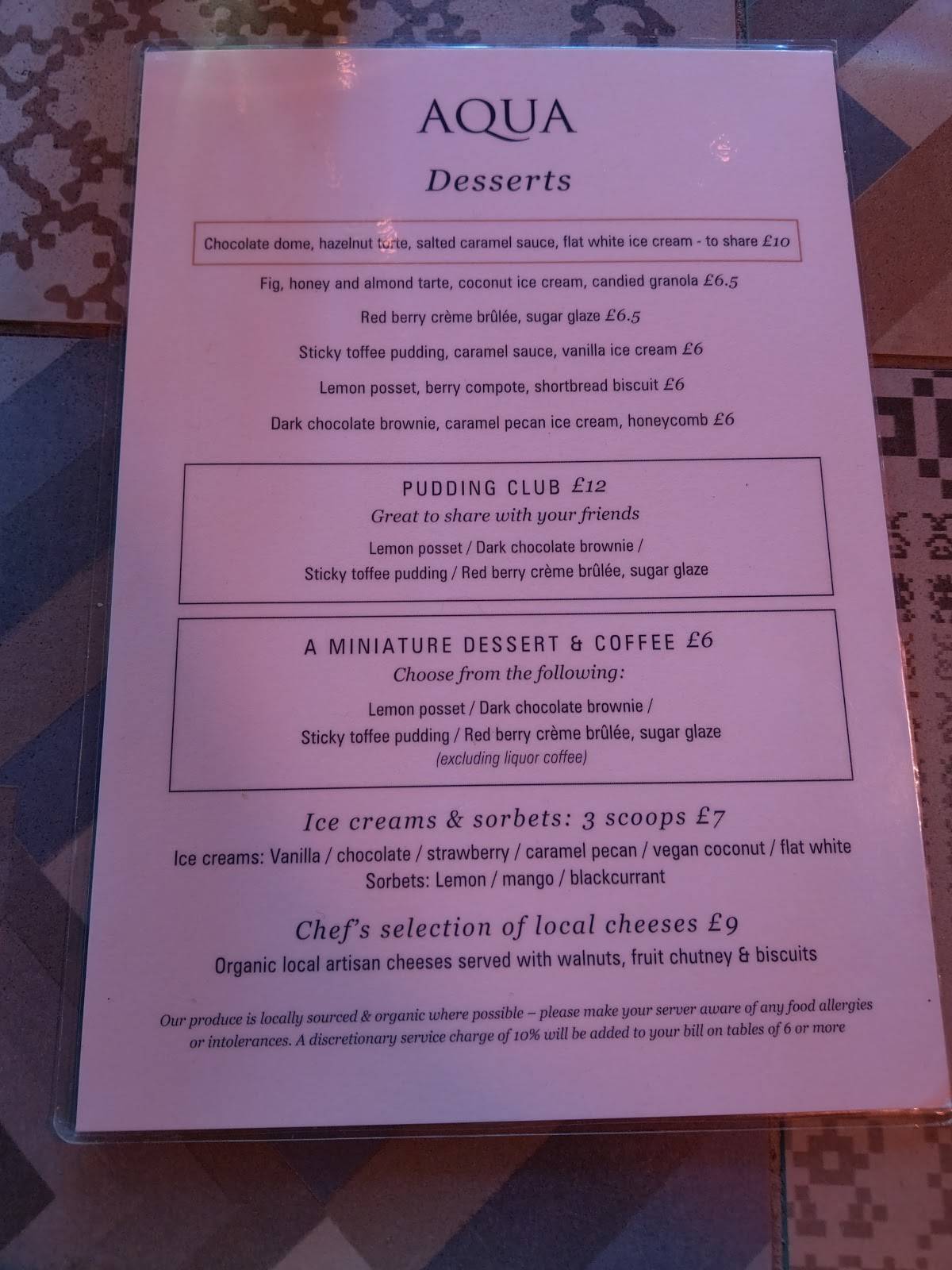 Menu at Aqua Welshback restaurant, Bristol, Welsh Back