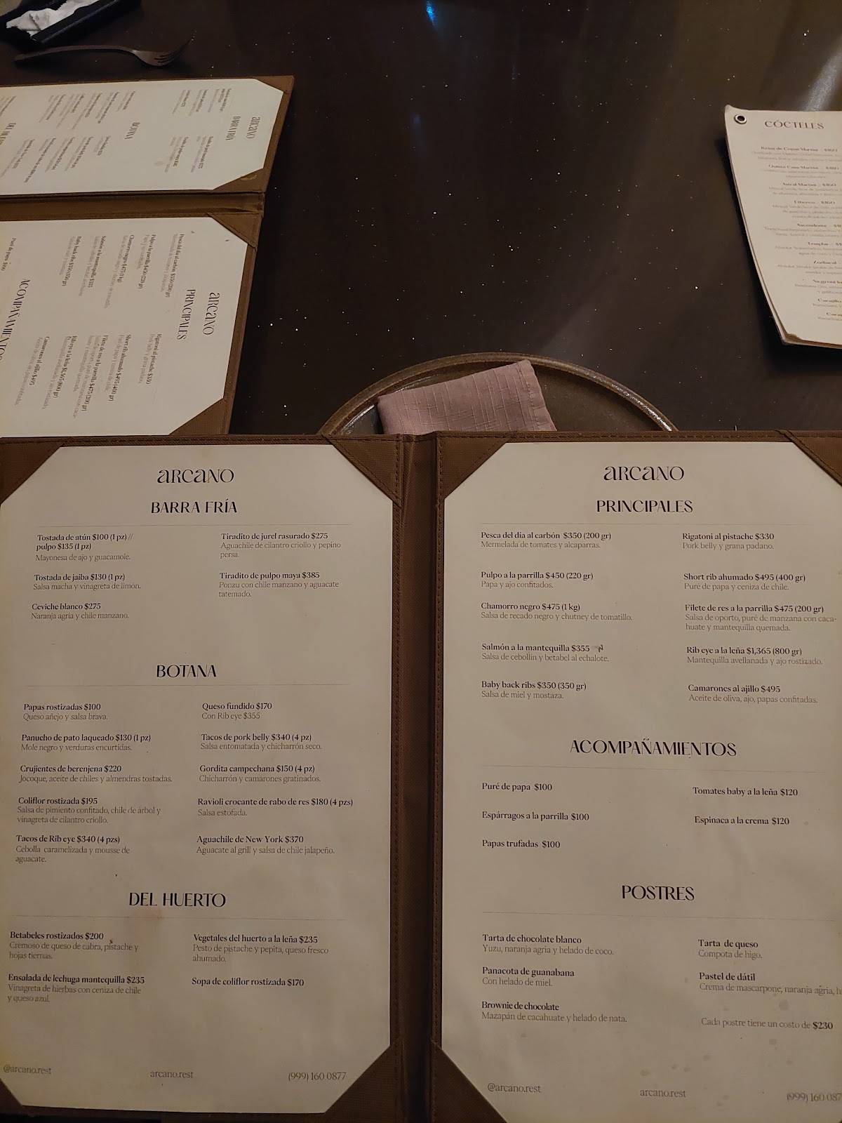 Menu at Arcano restaurant, Merida