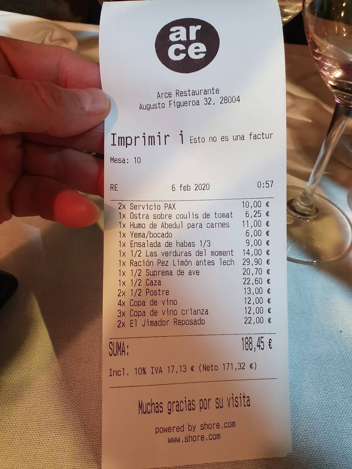 Menu at Arce restaurant, Madrid, C. de Augusto Figueroa