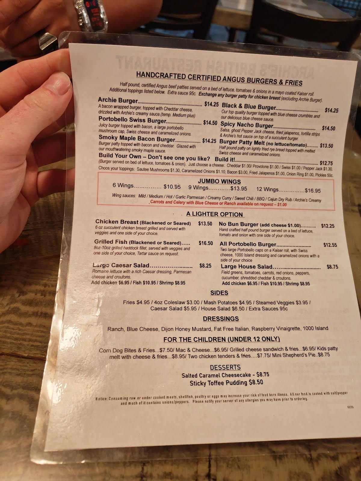 Menu at Archie's British Restaurant, Melbourne