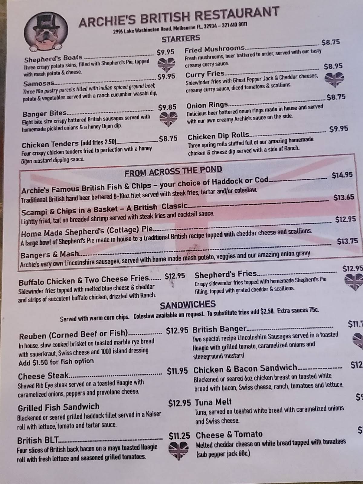 Menu at Archie's British Restaurant, Melbourne