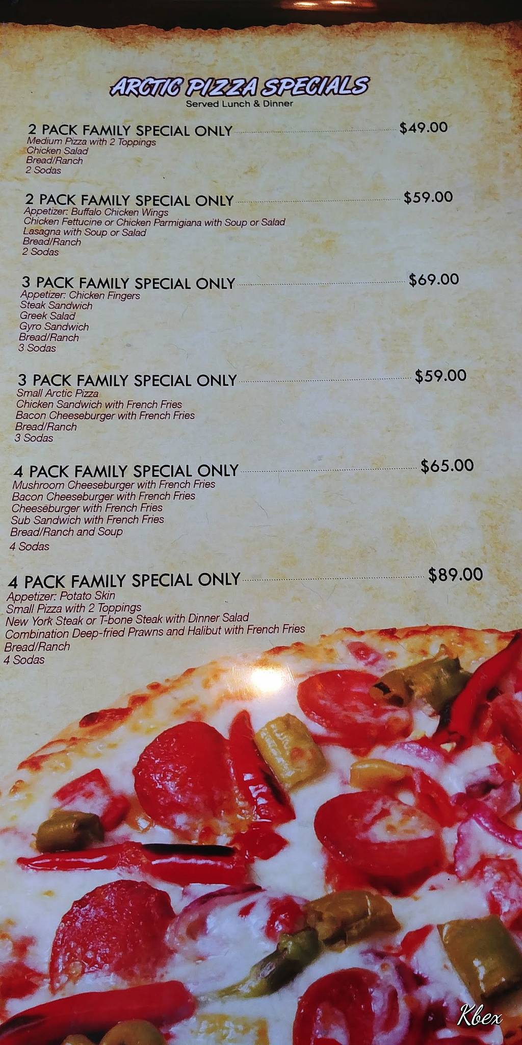 Carta de pizzería Arctic Pizza, Barrow