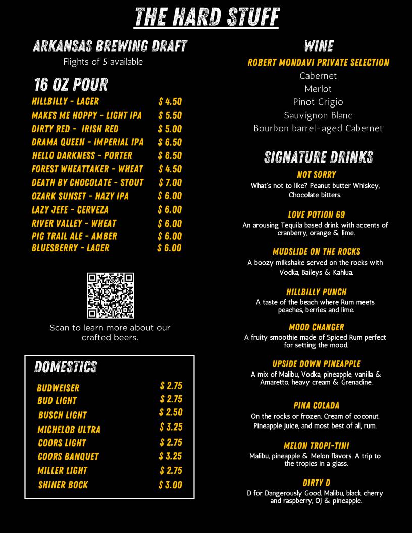 Menu at Arkansas Brewing Company pub & bar, Ozark
